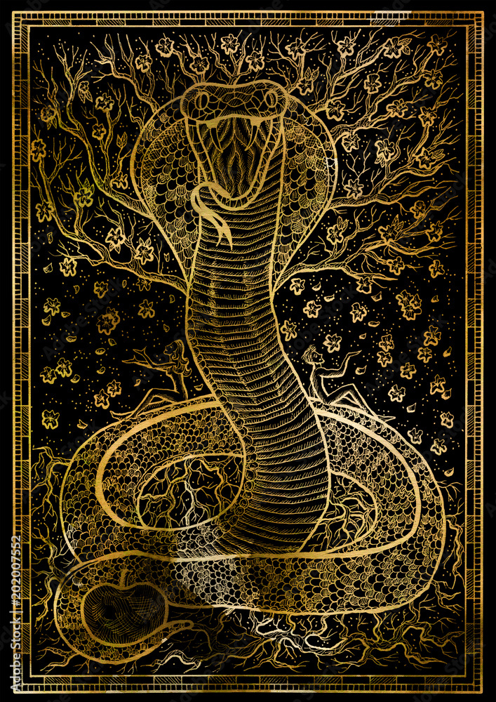 Snake symbol with Eve, Adam, tree of knowledge and flowers on black ...