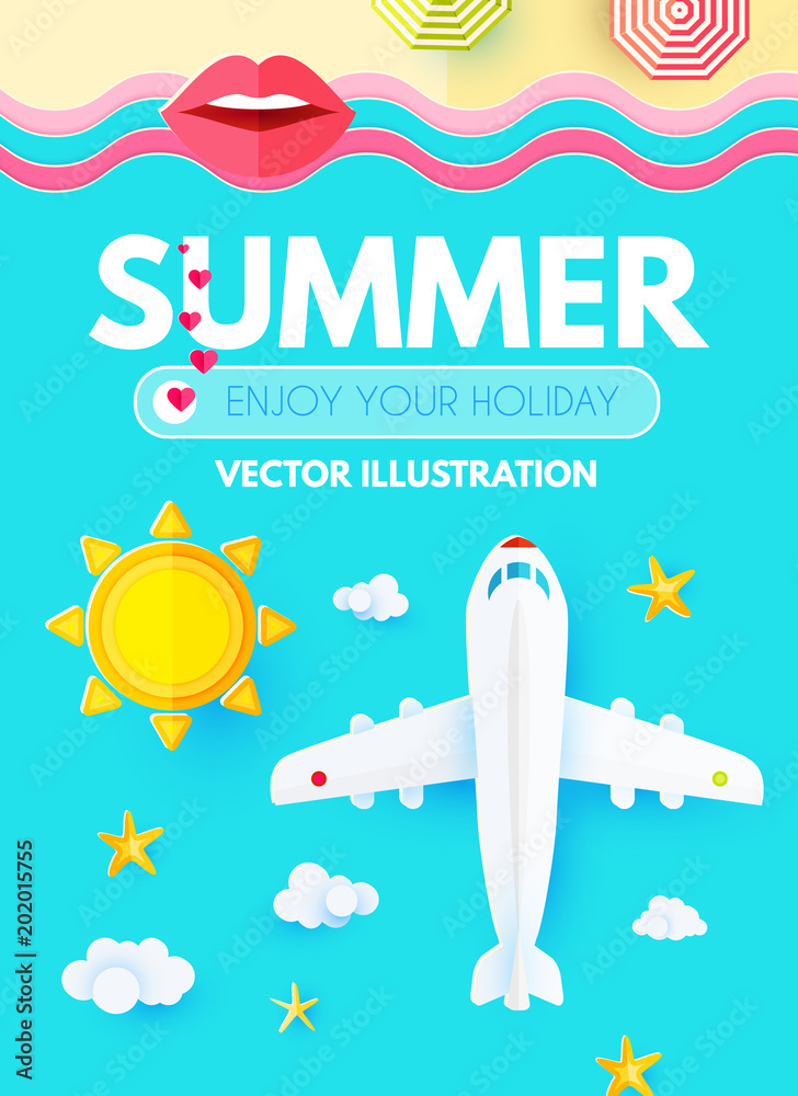 Summer Vacation Layout Design Template with Plane, Sea, Sun, Beach and ...