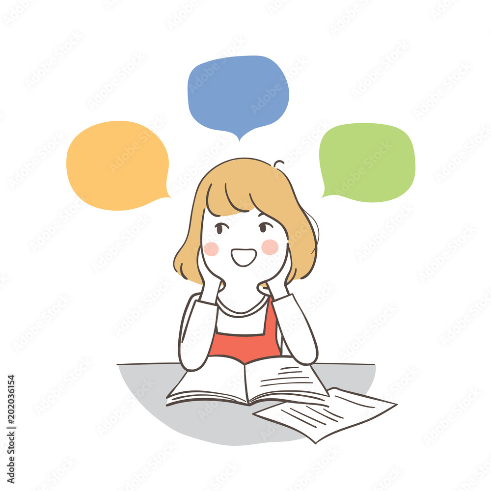 Vector illustration character design happy girl reading and thinking ...