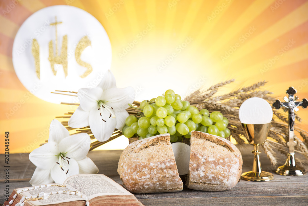 Eucharist symbol of bread and wine, chalice and host, First communion ...