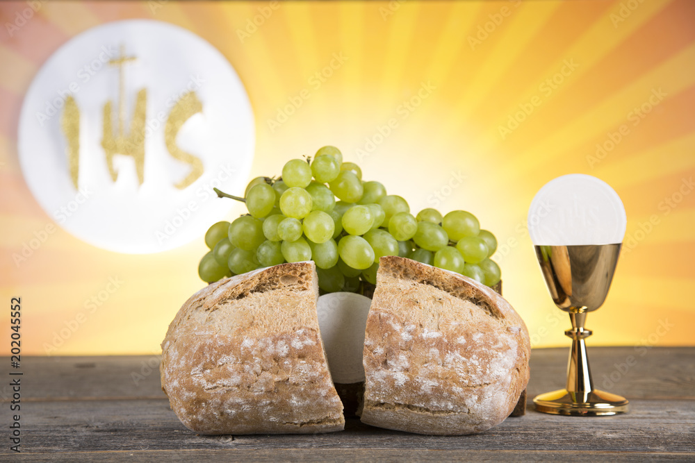 Eucharist symbol of bread and wine, chalice and host, First communion ...