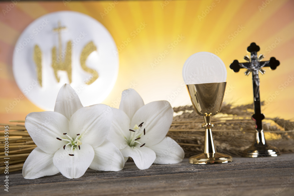 Eucharist symbol of bread and wine, chalice and host, First communion ...