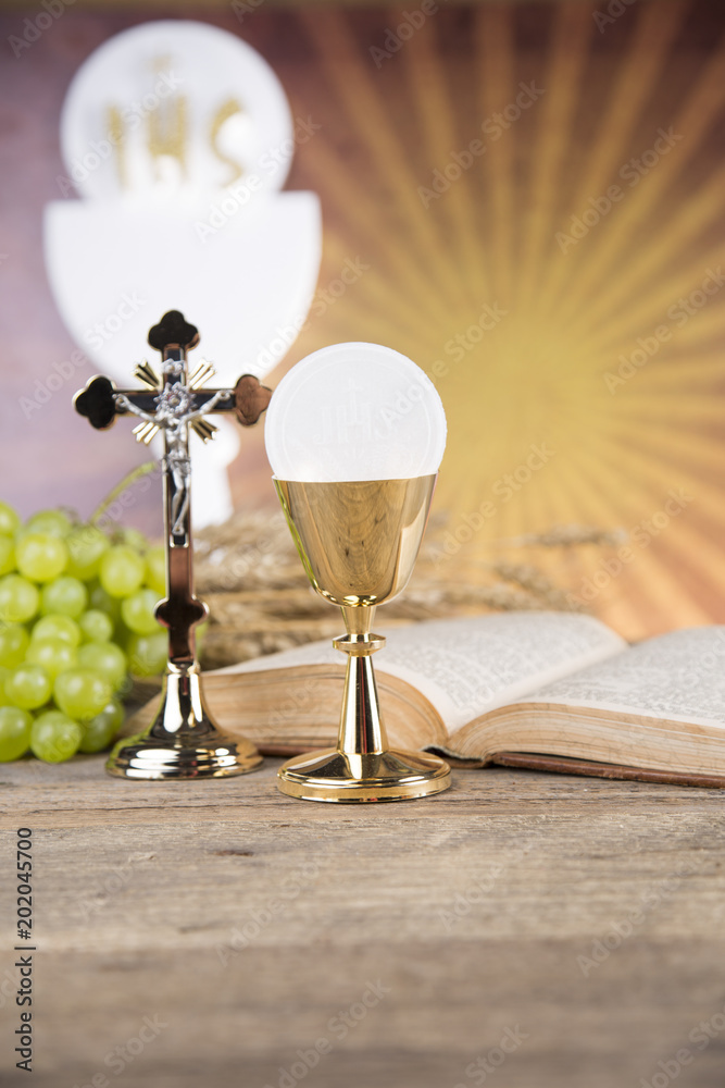 Eucharist symbol of bread and wine, chalice and host, First communion ...