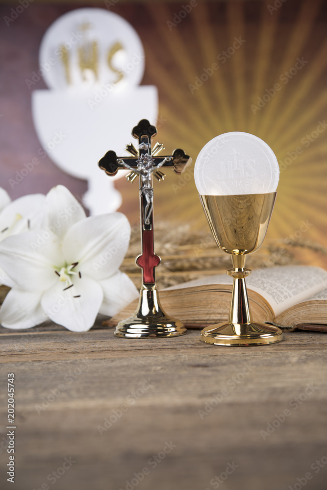 Eucharist symbol of bread and wine, chalice and host, First communion ...