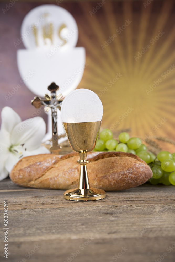 Eucharist symbol of bread and wine, chalice and host, First communion ...