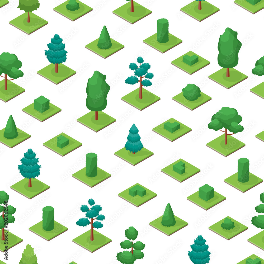 Green Trees Park Seamless Pattern Background 3d Isometric View. Vector ...