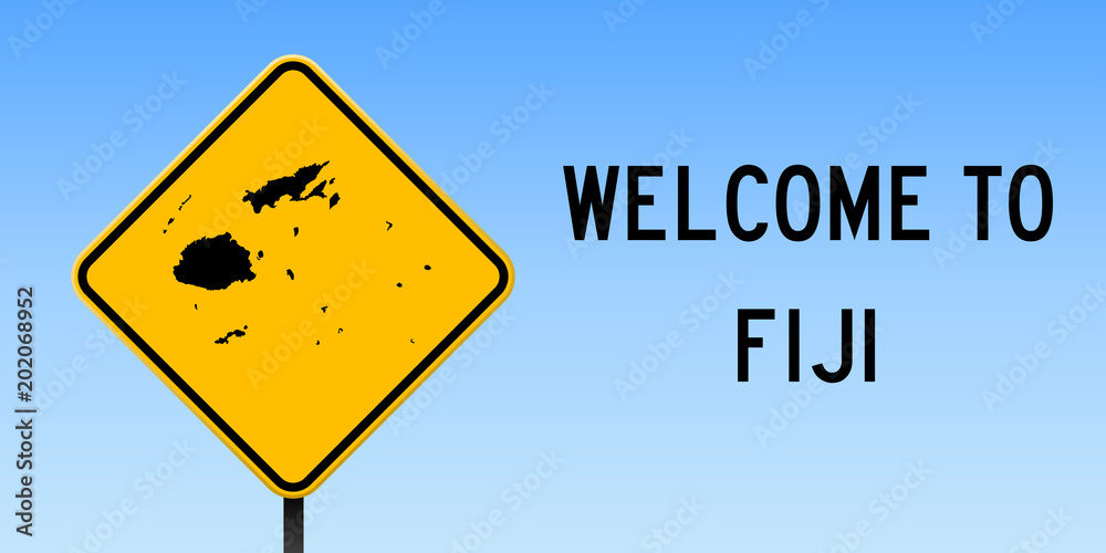 Fiji map on road sign. Wide poster with Fiji country map on yellow ...