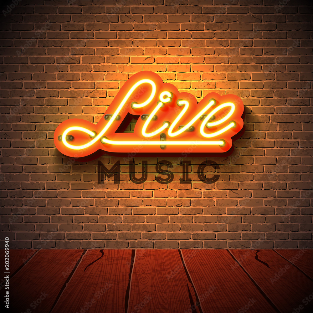 Live music neon sign with 3d signboard letter on brick wall background ...