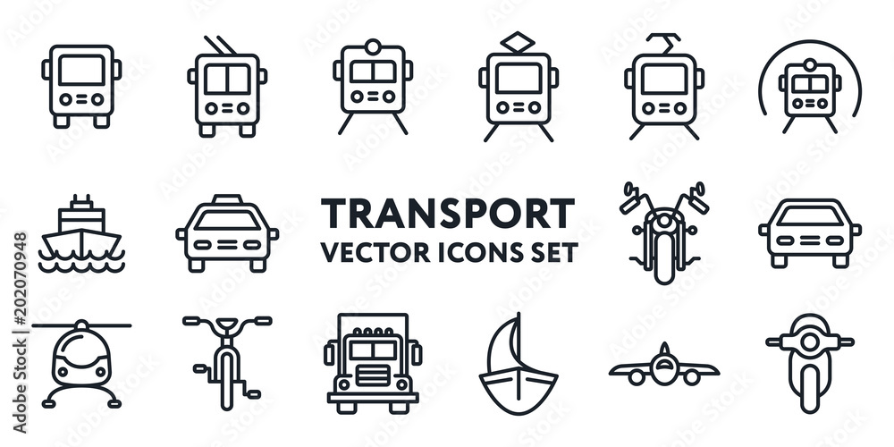 Public Transport Signs. Flat Line Icon Set. Bus, Trolleybus, Tram, Car ...