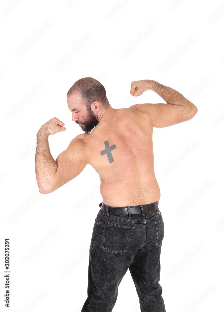 Man standing from back shirtless with a tattoo Stock Photo | Adobe Stock