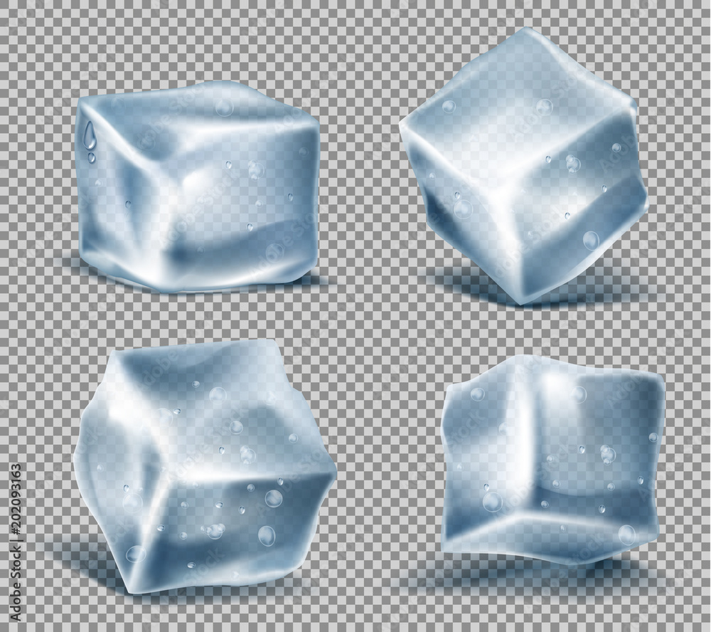 Vector set of four realistic blue ice cubes with water drops, cold ...
