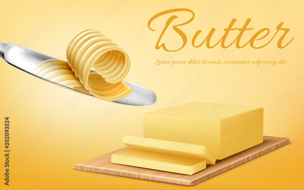 Vector promotion banner with realistic yellow stick of butter on ...