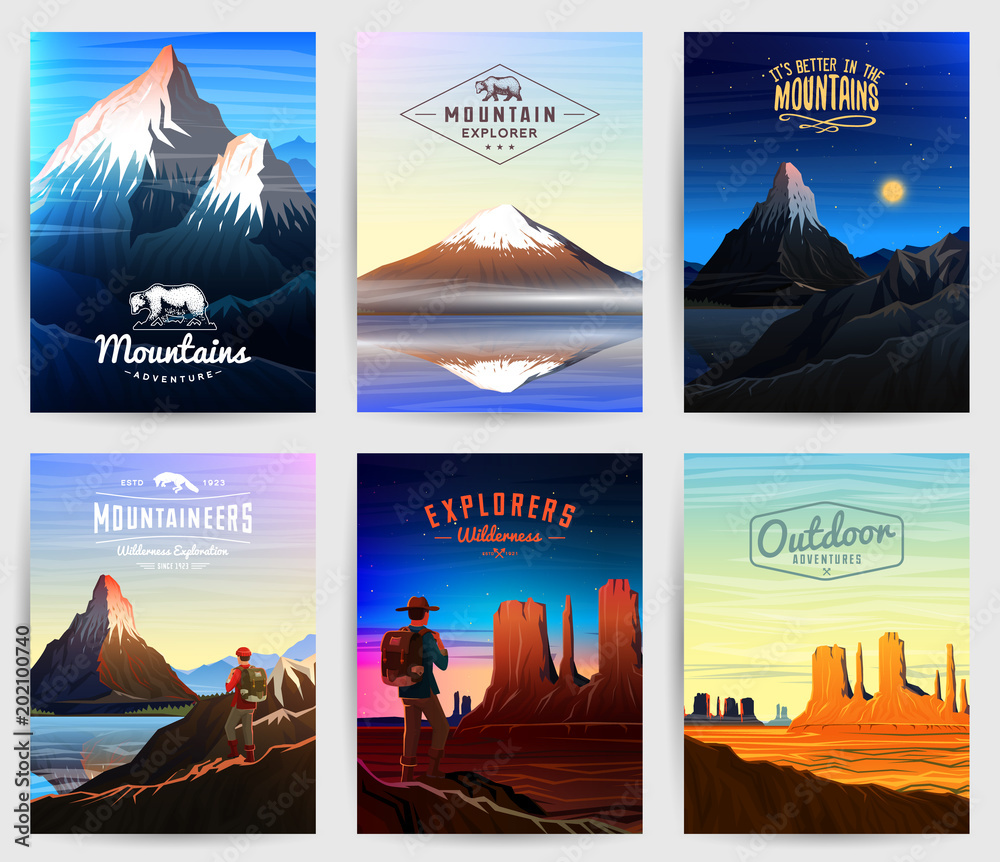 Mountains Peaks card or brochure. Tourism on nature. Landscape early in ...