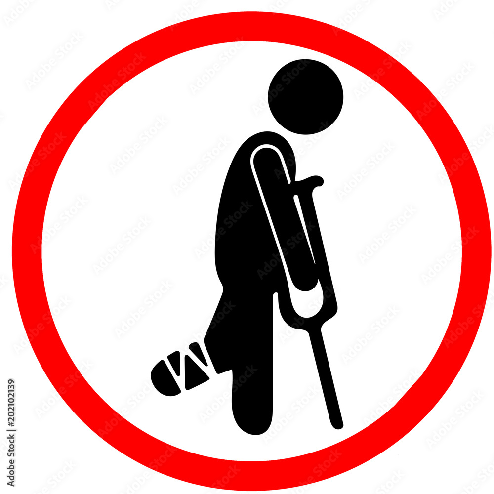 injury risk, injured man in bandage with crutches allowed red circle ...