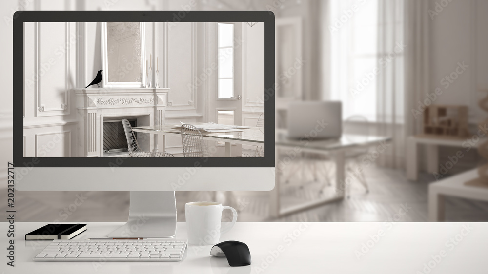 Architect house project concept, desktop computer on white work desk ...