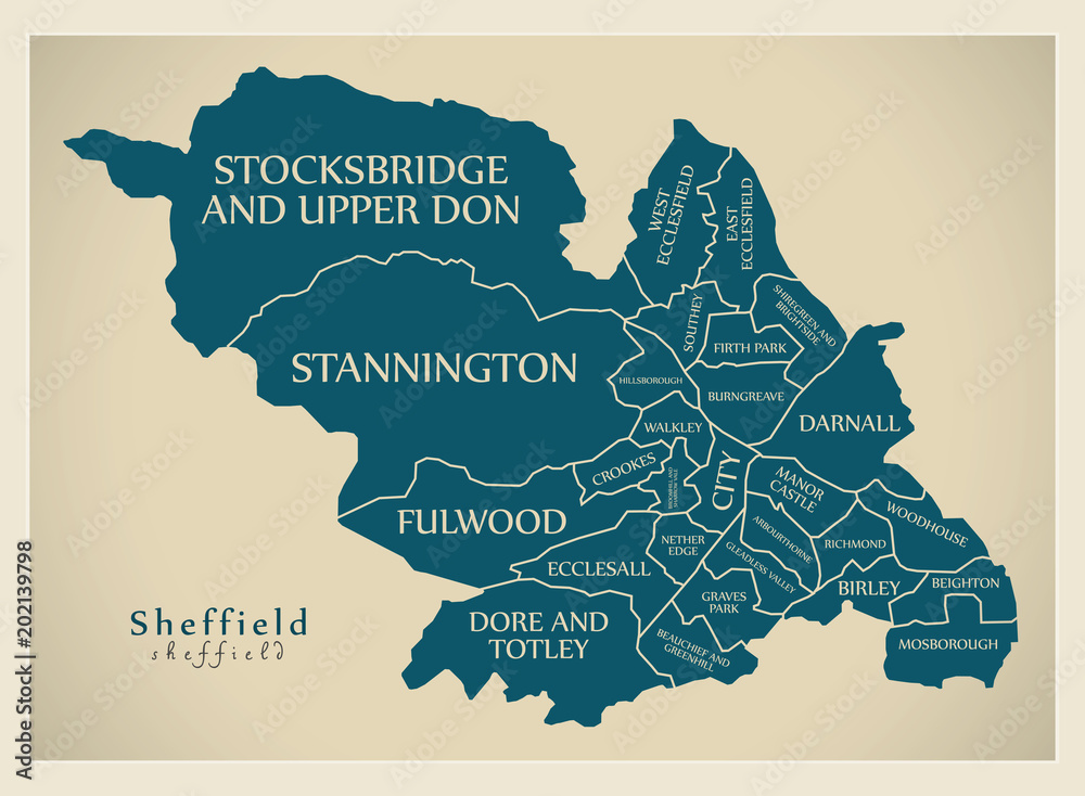 Modern City Map - Sheffield city of England with wards and titles UK ...