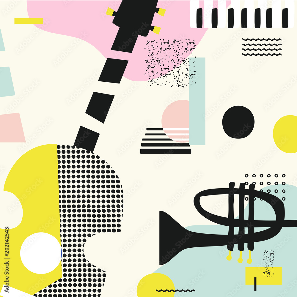 Music colorful background with guitar, trumpet and piano keys isolated ...