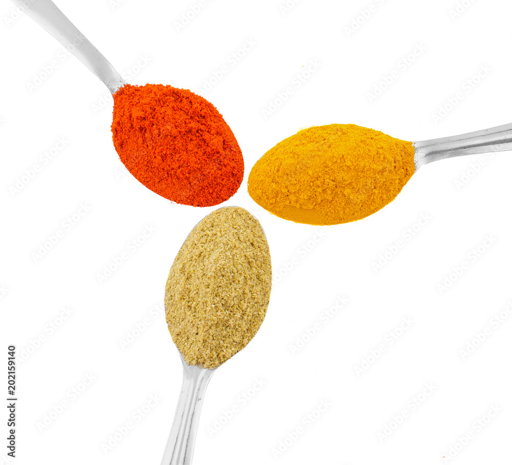 Indian Spices in Spoons Also Know as Red Chilli Powder, Turmeric Powder ...