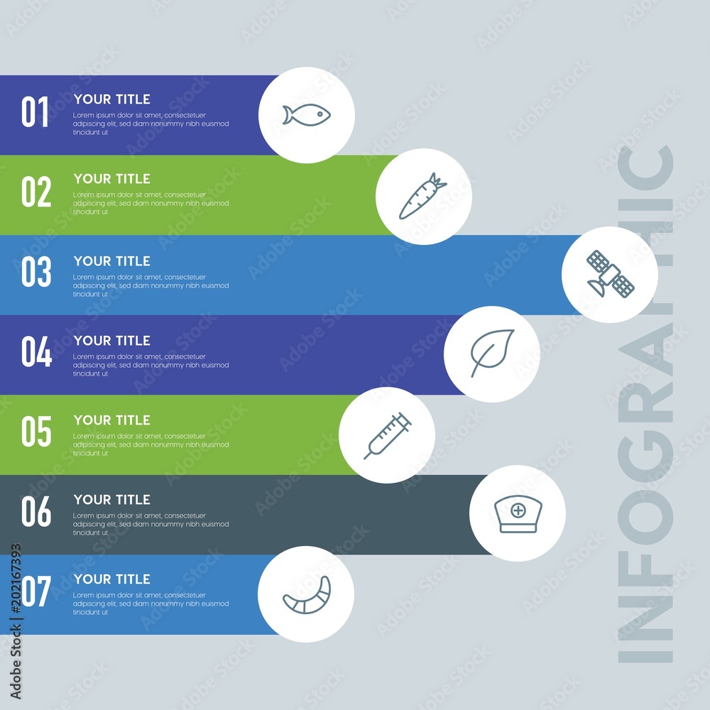 Flat food, health, science, nature infographic steps template with 7 ...
