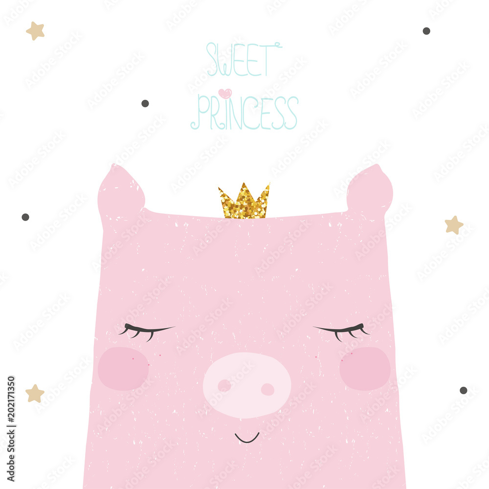 Cute pink pig princess with slogan. Vector hand drawn illustration ...