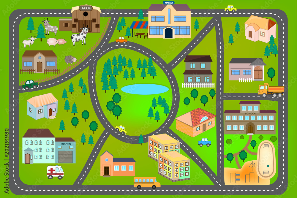 Vettoriale Stock Cartoon map with roads, cars and houses (hospital ...