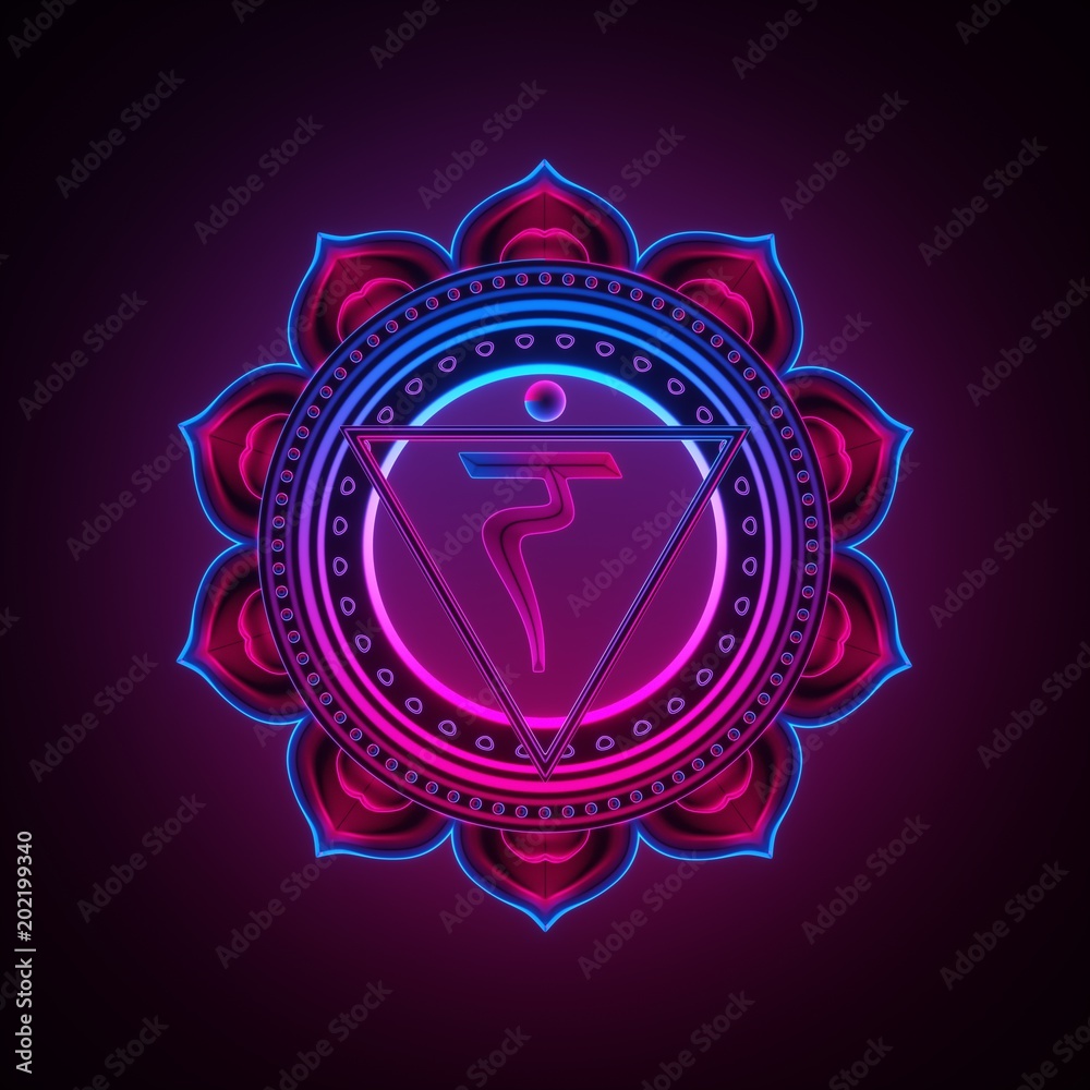 3d render, sacred geometry, Manipura chakra symbol, neon light abstract ...