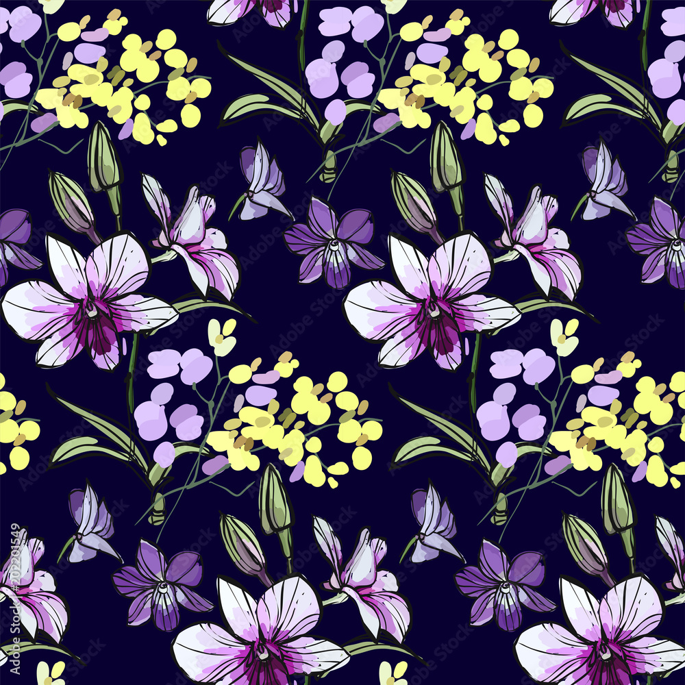 Floral seamless pattern with different flowers and leaves. Botanical ...