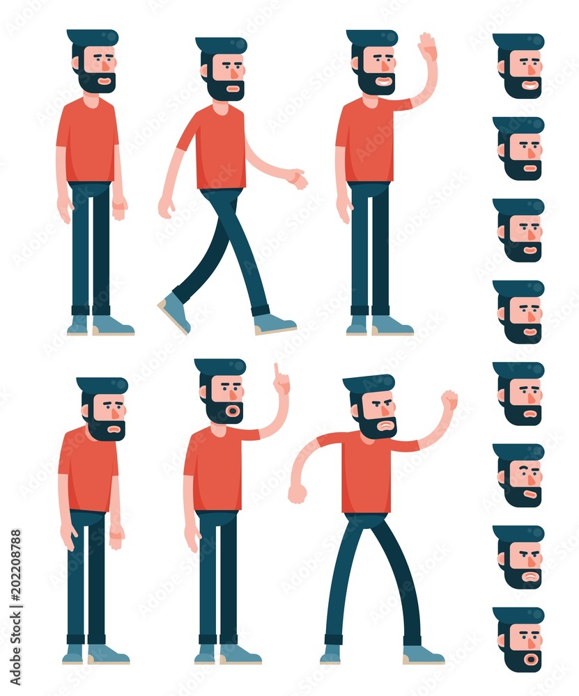 Character male with beard, dressed in red T-shirt. Various poses half ...
