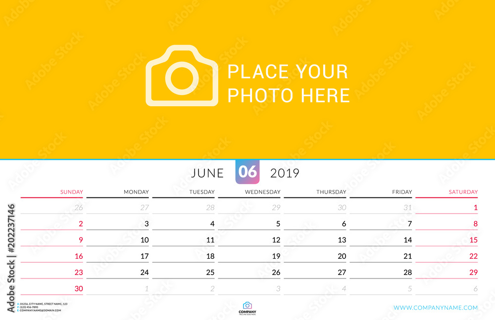 Wall calendar for June 2019. Vector design print template with place ...