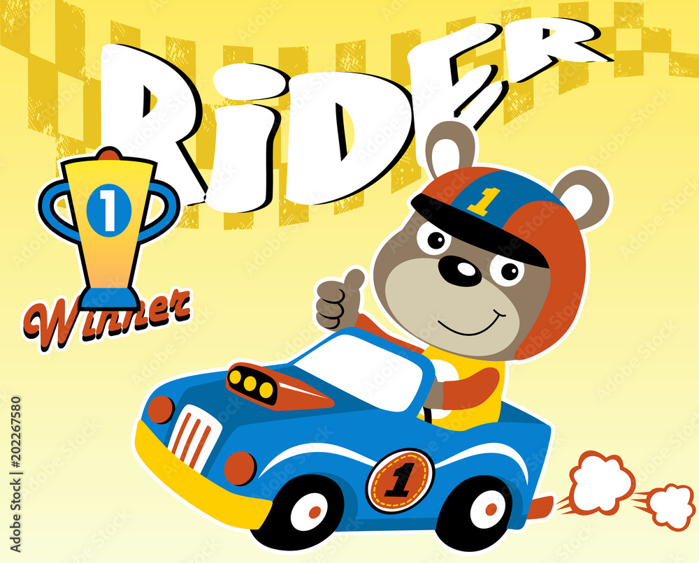 Racing car with cute racer, vector cartoon illustration Stock Vector ...