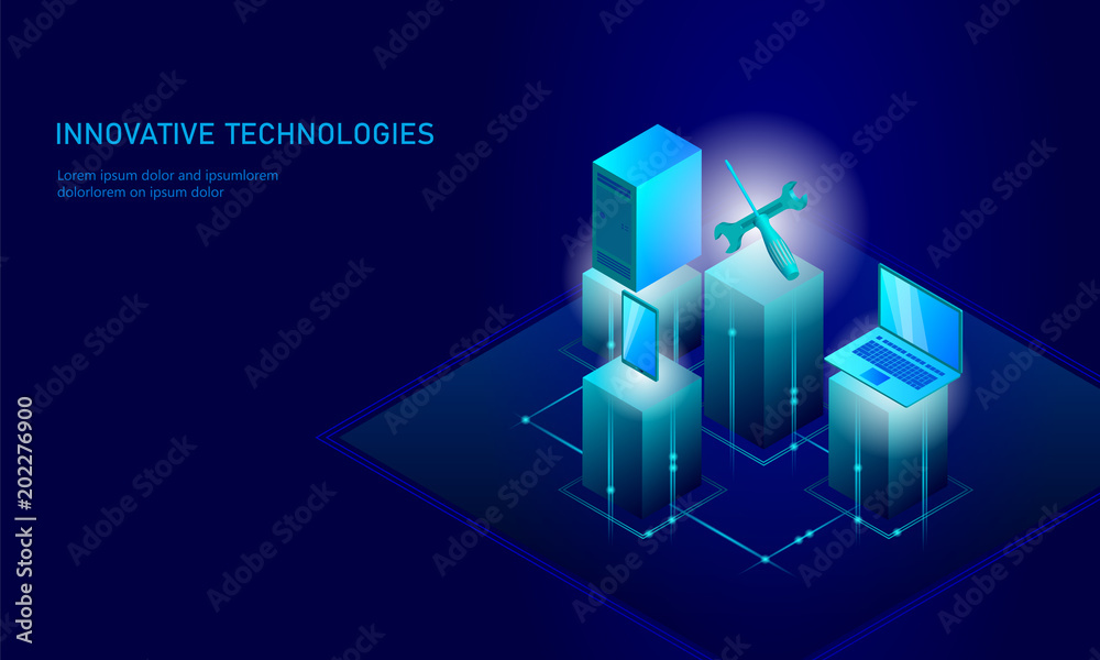 Computer service repair isometric. 3d blue flat technical support ...