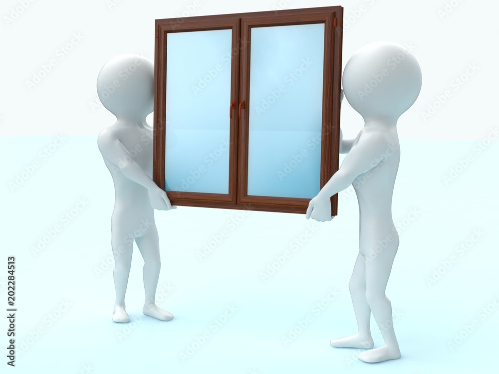 3d small white person carry a window pane PVC profile laminated wood ...