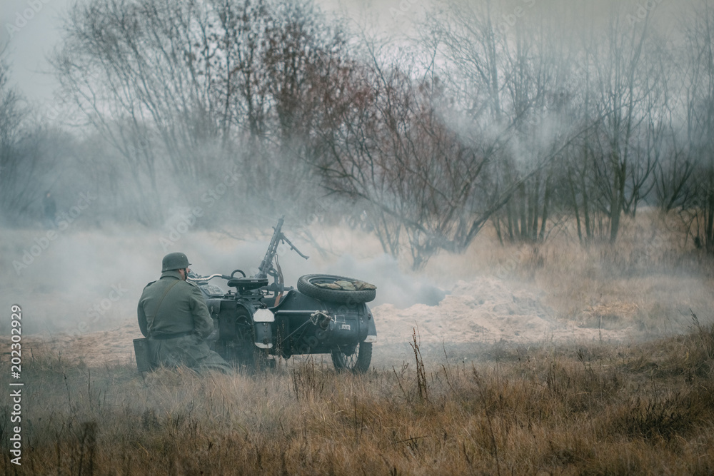 German soldier Wehrmacht for a motorcycle on the defensive Stock Photo ...