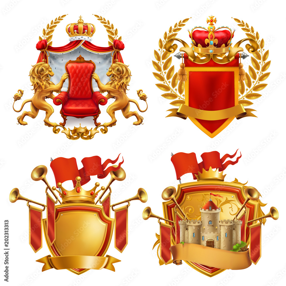 Royal coat of arms. King and kingdom, 3d vector emblem set Stock Vector ...
