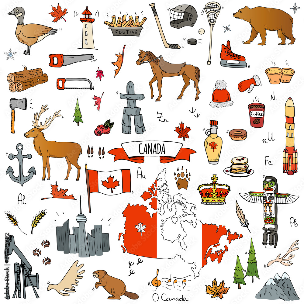 Hand drawn doodle Canada icons set Vector illustration isolated symbols collection of canadian ...
