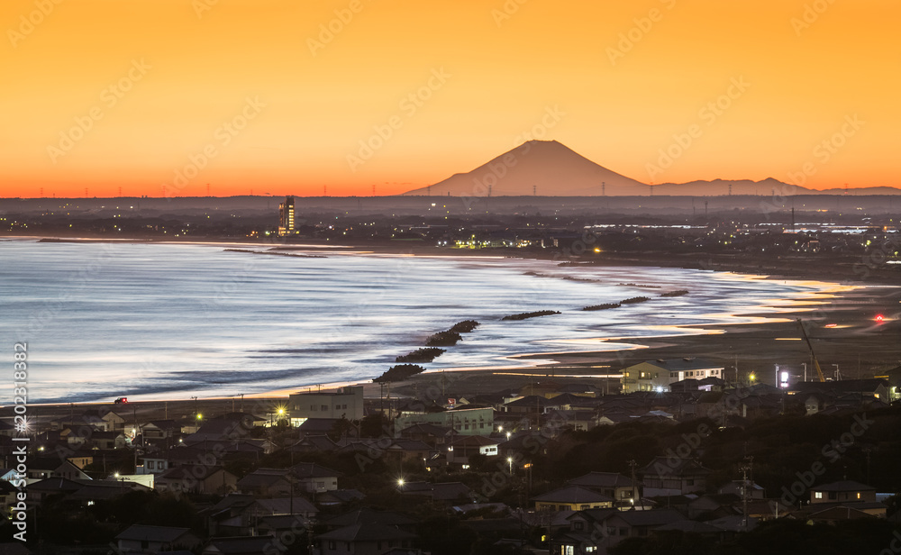 Mt. Fuji and the beach at Iioka town , Chiba prefecture. Mt.Fuji is ...