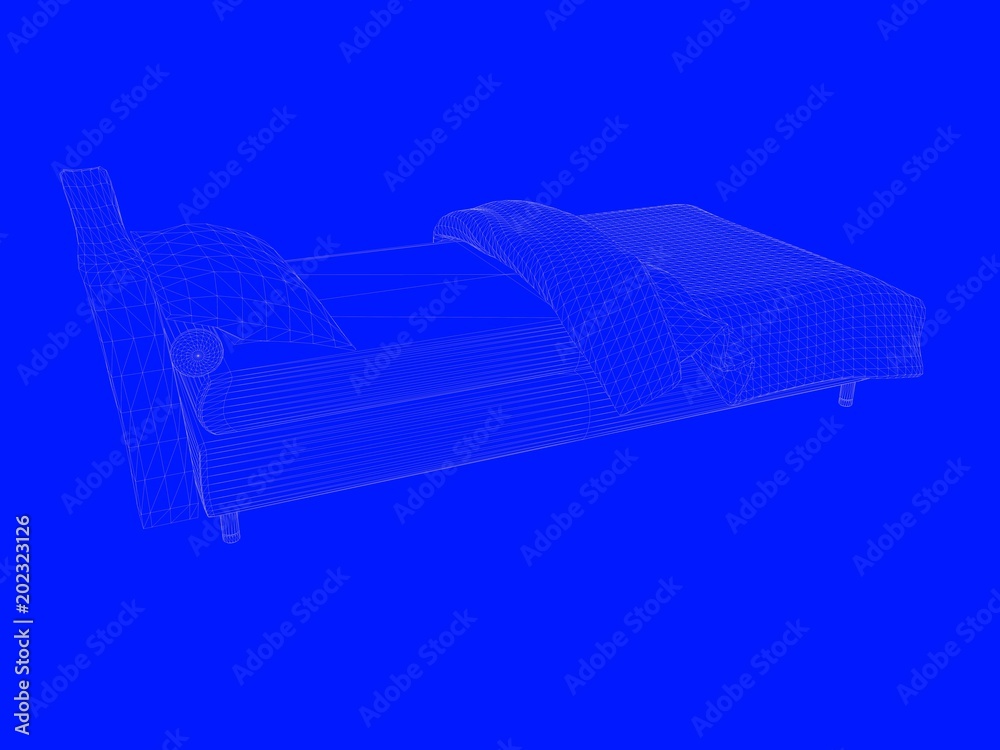 3d rendering of a bed blueprint as lines on a blue background Stock ...