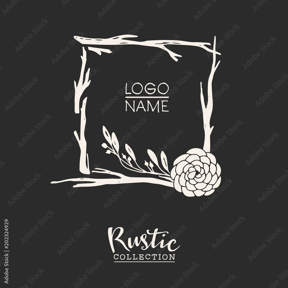 Rustic premade typographic logo design with flowers, branches and ...