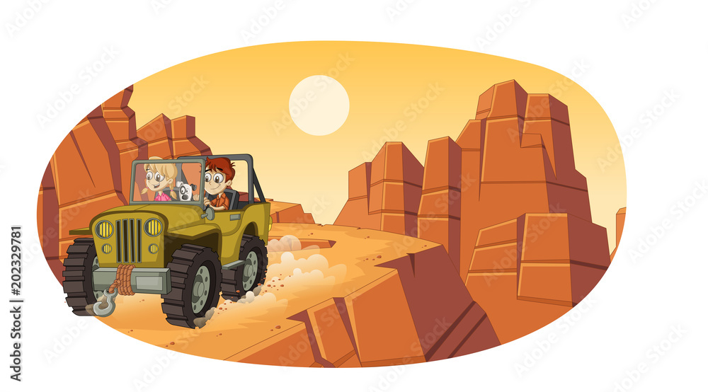Cartoon children driving a car on the canyons. Off road adventure ...