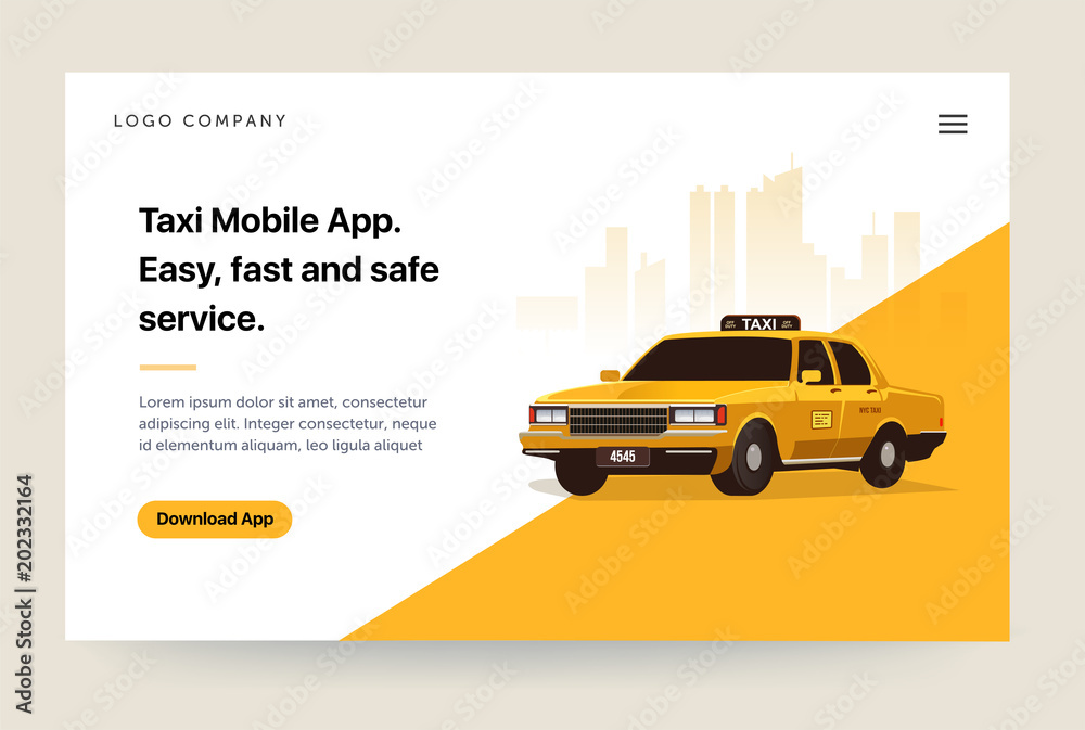 Taxi services mobile app website template. Retro yellow cab ...