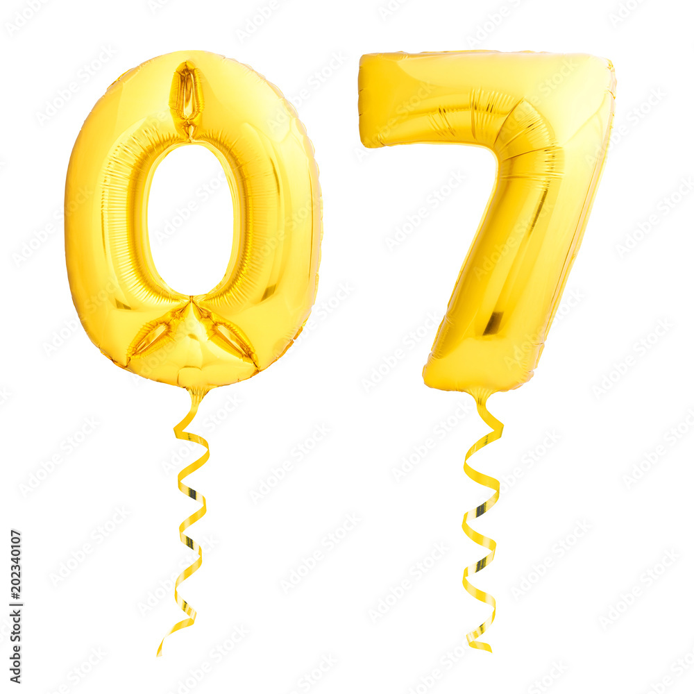 Golden number 07 made of inflatable party balloons with golden ribbons ...