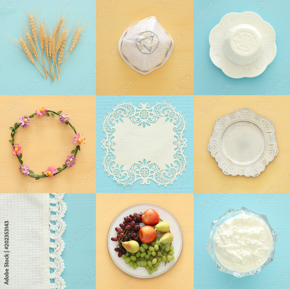 Top view collage image of dairy products and fruits. Symbols of jewish ...