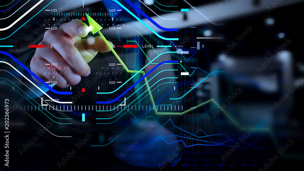 businessman hand drawing virtual chart business on touch screen ...