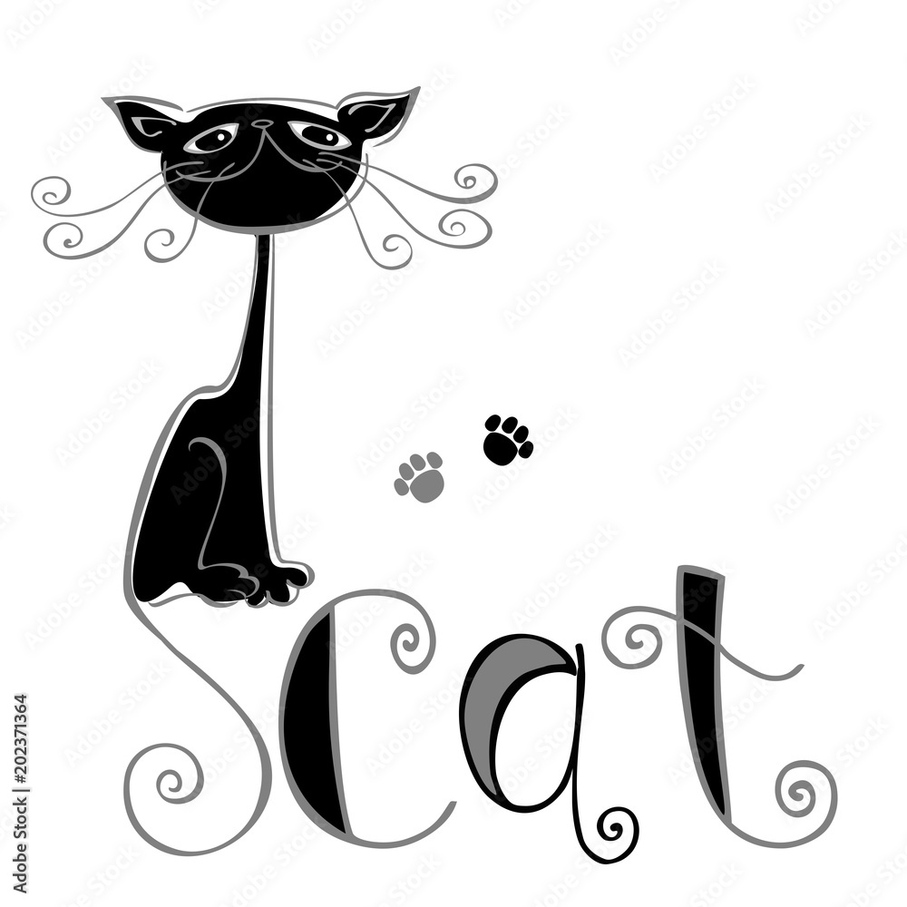 Black cat. Lettering and illustration. Print the cat's paws. The ...