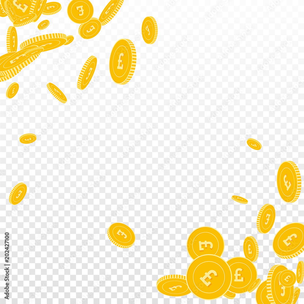 British pound coins falling. Scattered floating GBP coins on ...
