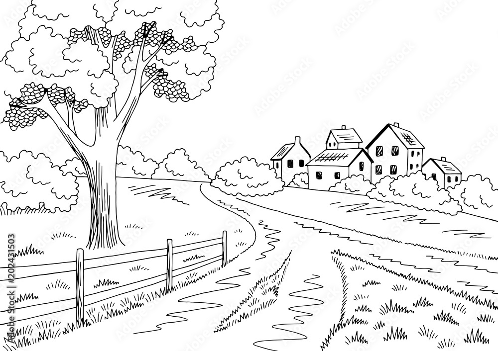 Rural road graphic black white village landscape sketch illustration ...