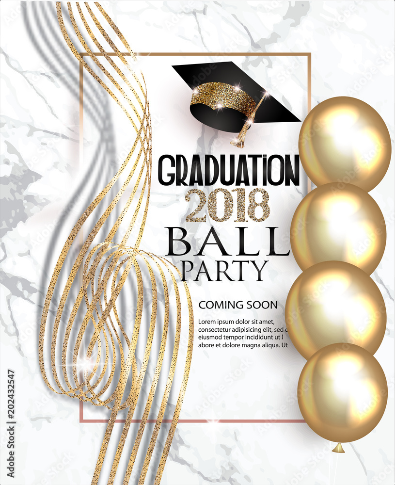 Graduation party banner with curly ribbon, air balloons and marble ...