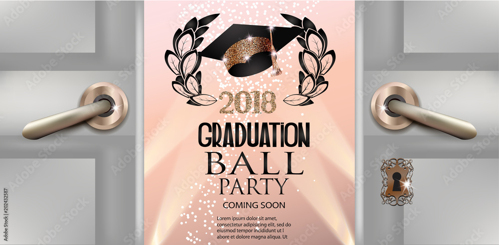 Graduation ball invitation card with opened doors. Vector illustration ...