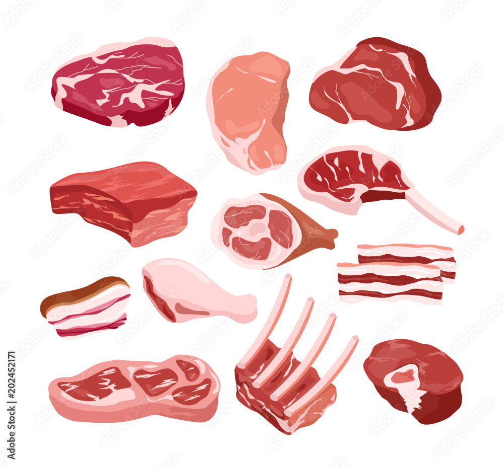 Vector illustration set of fresh tasty meat icons in flat style ...