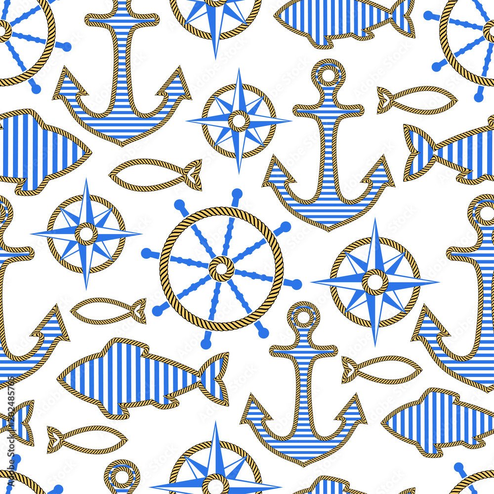 Seamless pattern of nautical design elements in flat style. Fish ...